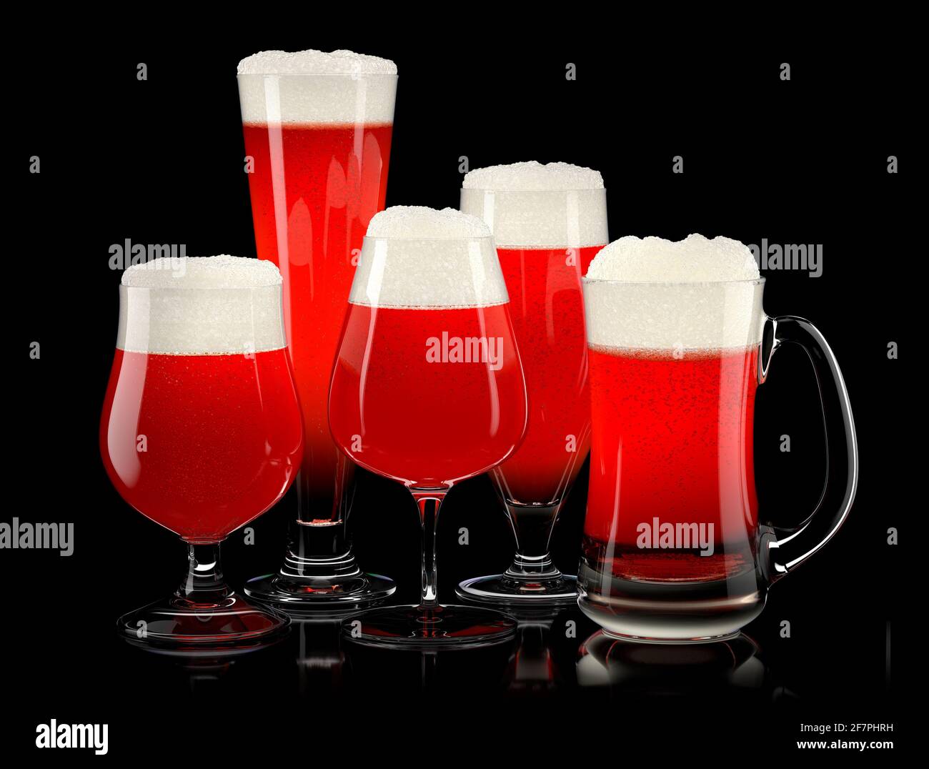 Set of fresh draft beer glasses with bubble froth isolated on black ...