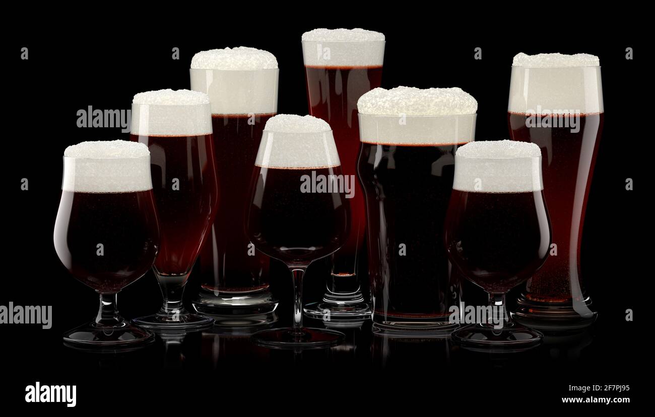 Set of fresh draft beer glasses with bubble froth isolated on black ...