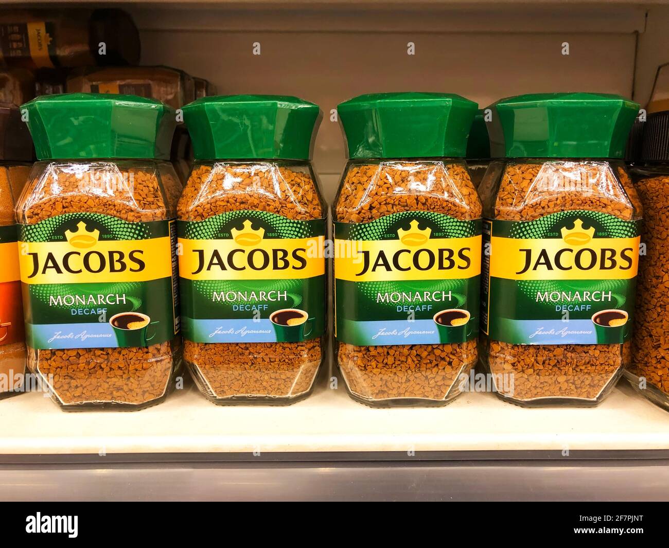 Jacobs Monarch decaff freeze dried granulated instant coffee, row of ...