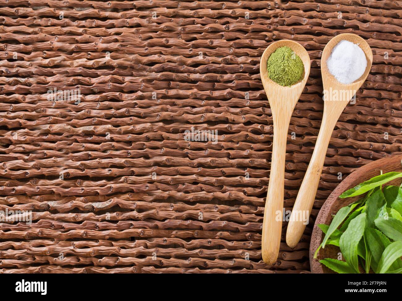 Natural sweetener in powder from stevia plant - Stevia rebaudiana. Top ...