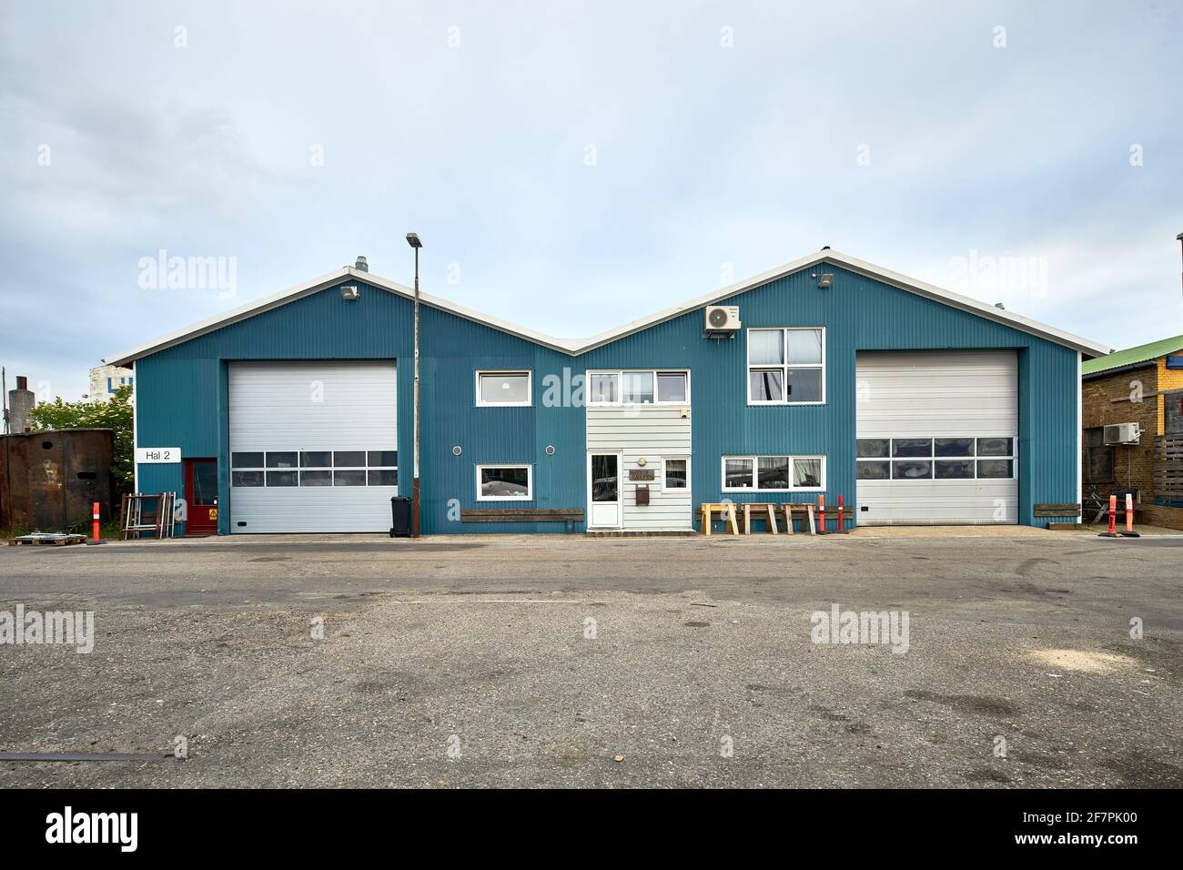 large blue warehouse exterior in scandinavia Stock Photo - Alamy