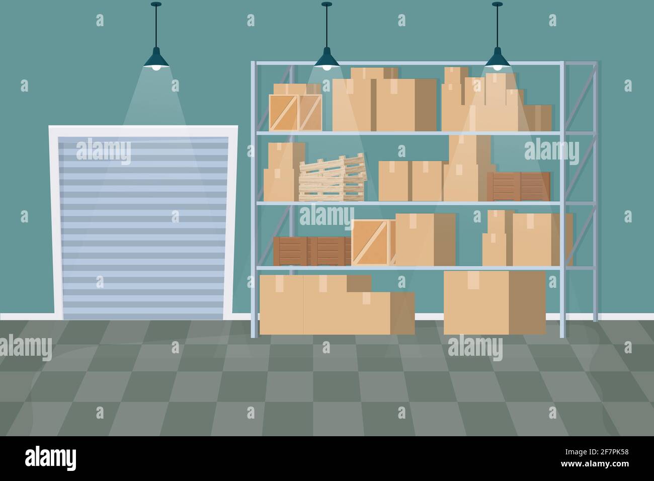 Warehouse interior in cartoon style with boxes, wooden containers ...