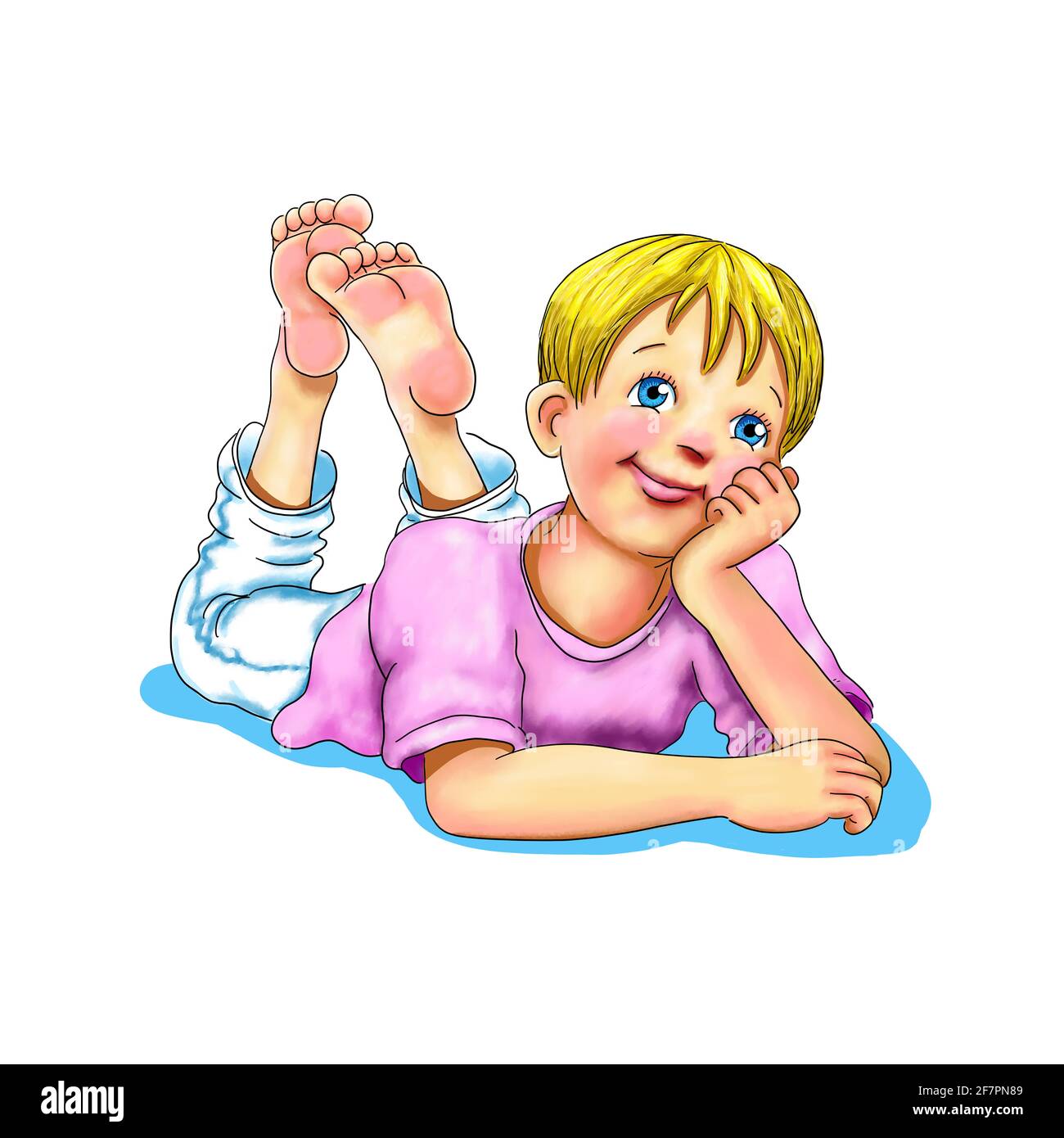 Chilling boy lying relaxed on his stomach feet angled barefoot smile ...