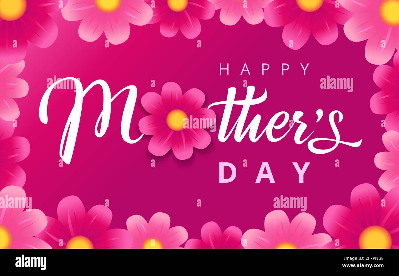 Happy Mothers Day Pink Flowers Calligraphy Background Vector
