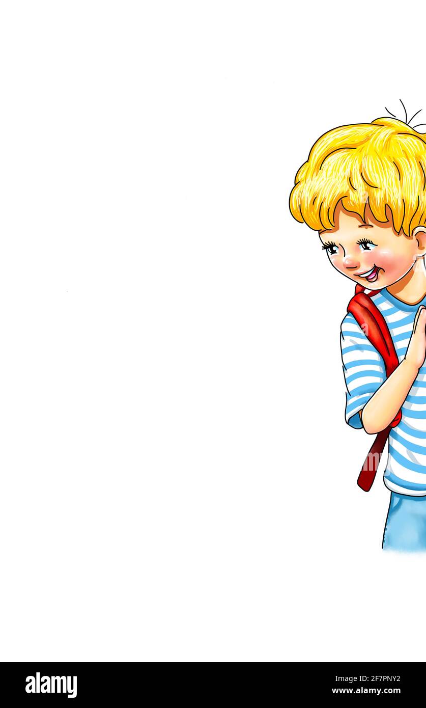 Boy cute looks at corner edge ajar smile smiles laughing joy happy ...