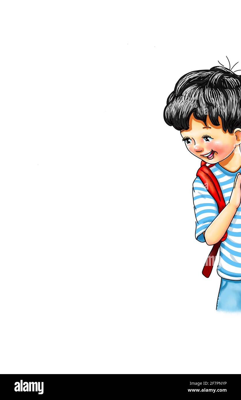 Boy cute looks at corner edge ajar smile smiles laughing joy happy ...