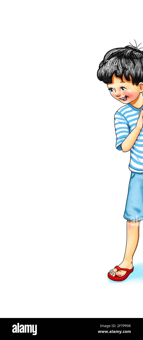 Boy cute looks at corner edge ajar smile smiles laughing joy happy ...