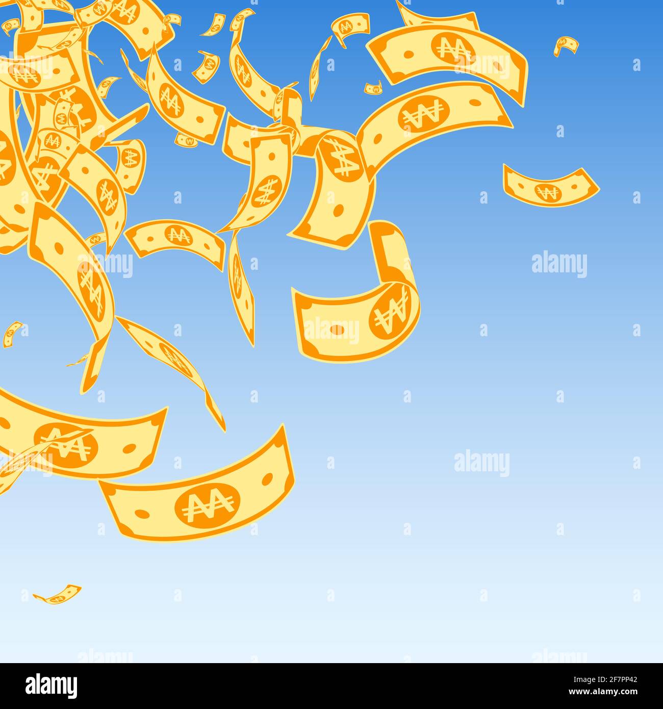Korean won notes falling. Messy WON bills on blue sky background. Korea ...
