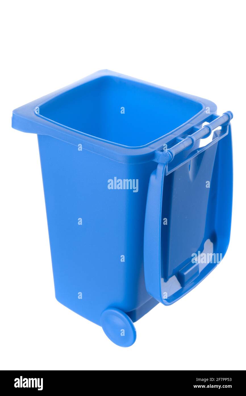 Plastic blue trash can isolated on white background Stock Photo - Alamy