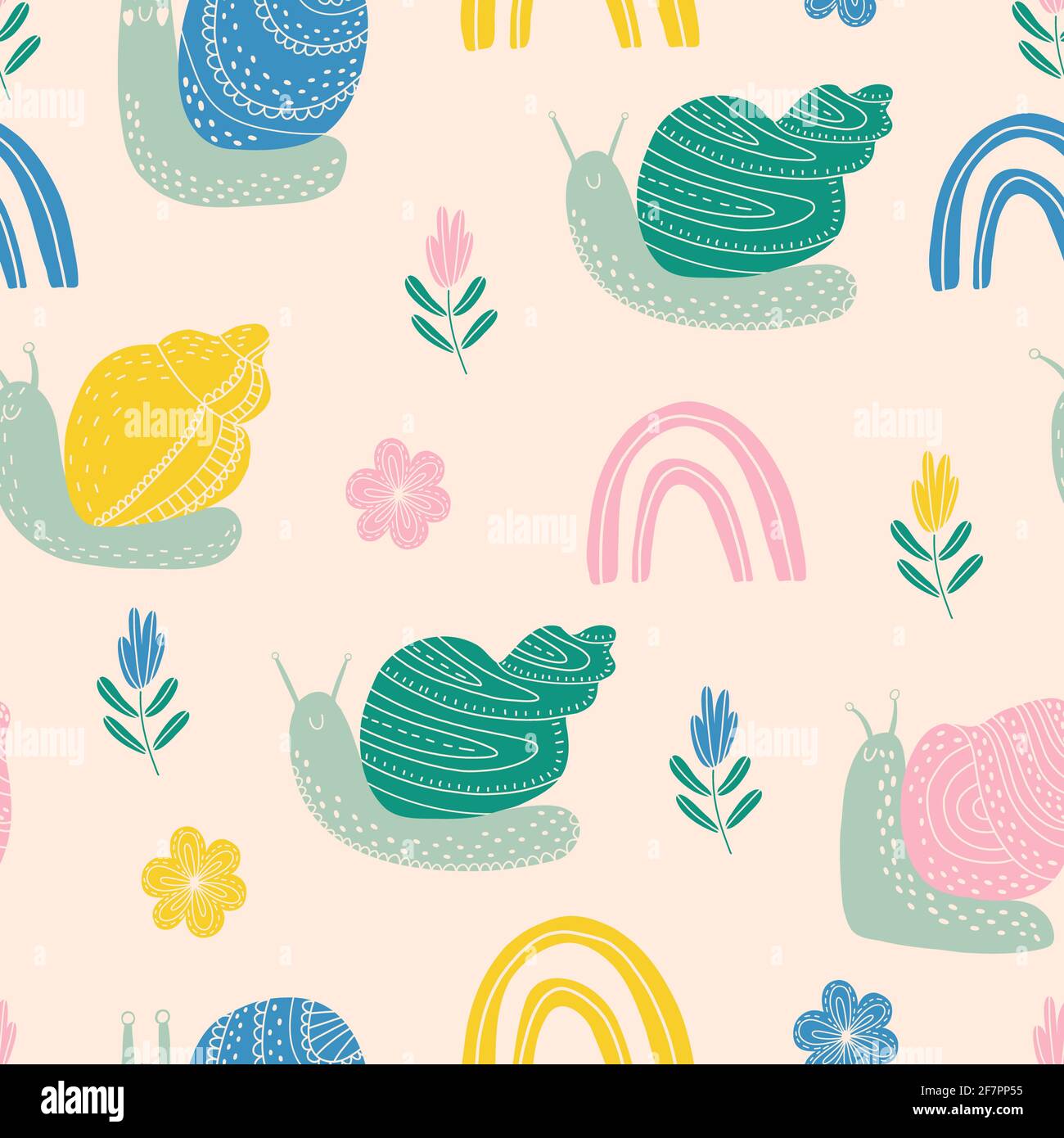 Seamless pattern with cute colorful snails Stock Photo - Alamy