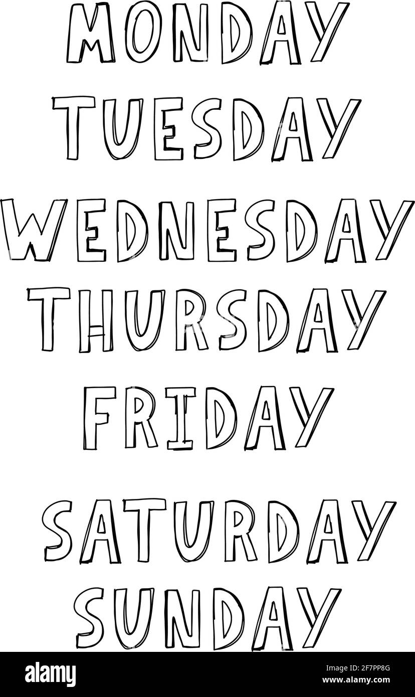 Handwritten Days of Week. Sunday, Monday, Tuesday, Wednesday, Thursday ...