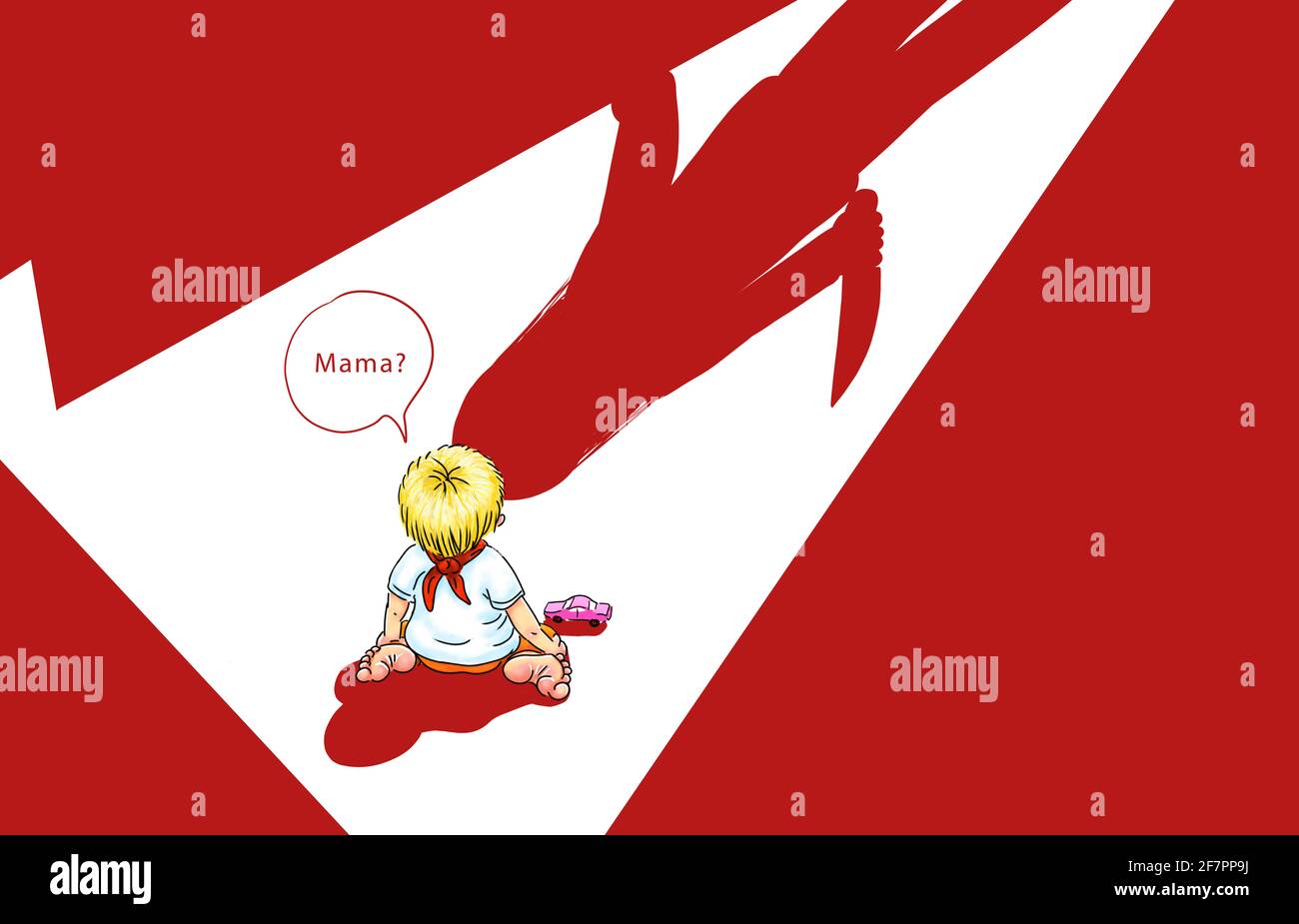 Young toddler baby sitting with toy car on floor threatening shadow ...