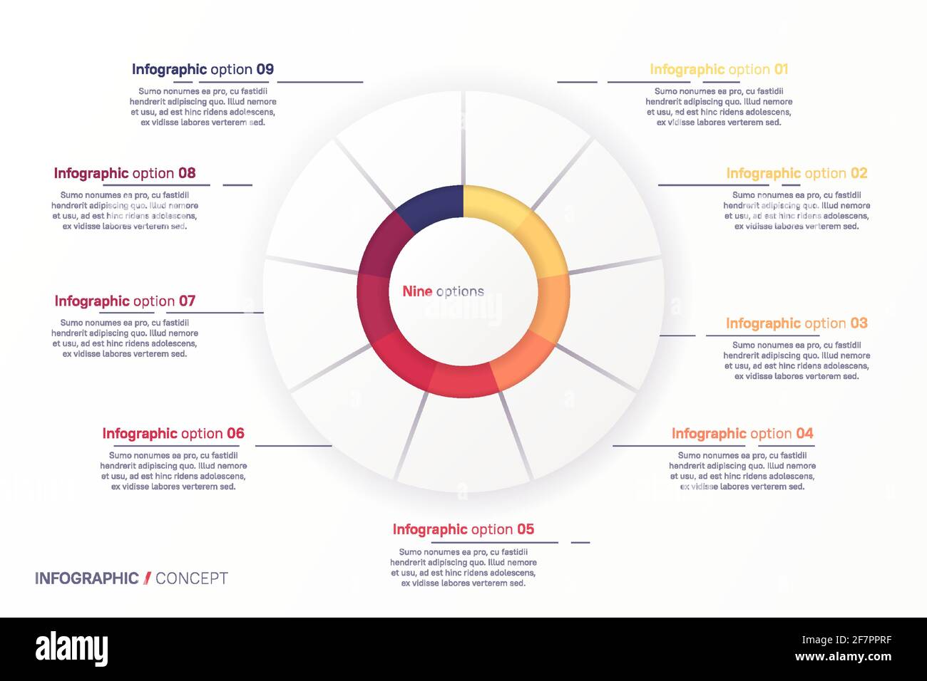 Vector round circle infographic chart template divided by nine parts ...