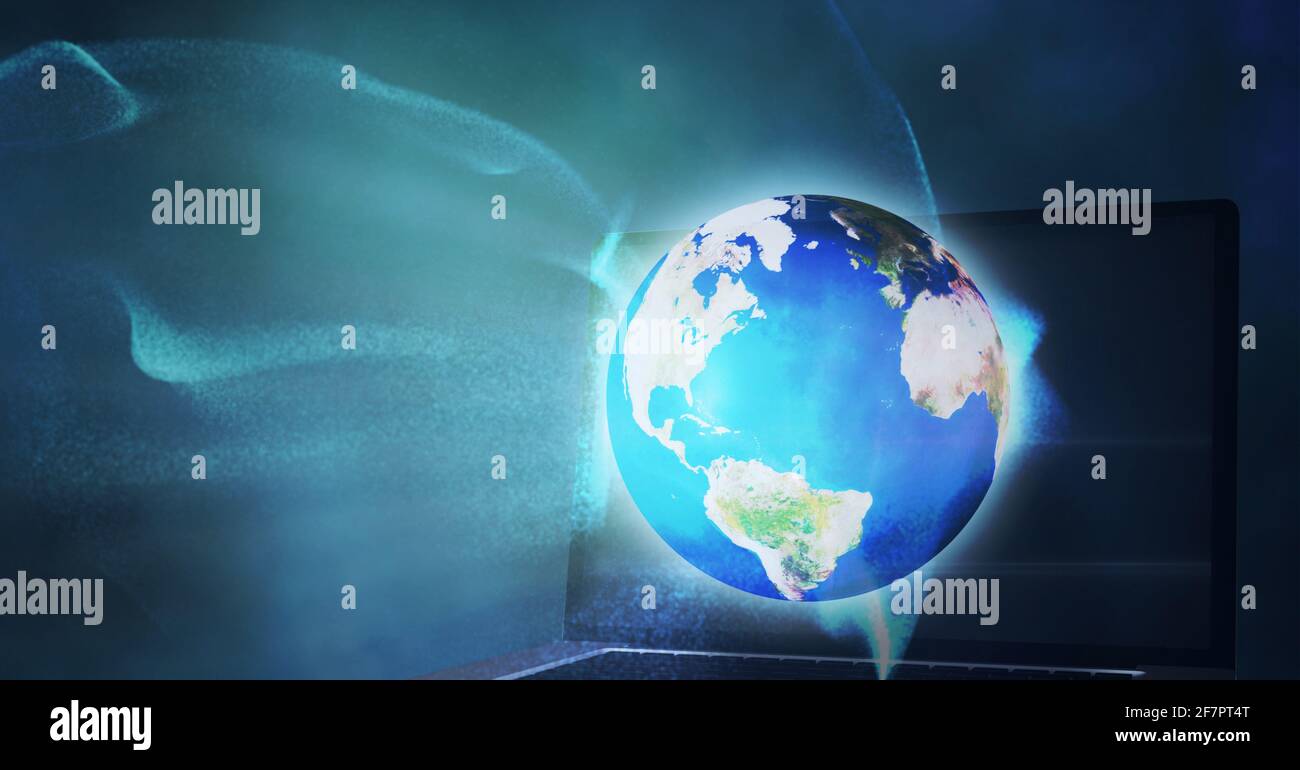 Composition of glowing blue light trails over globe Stock Photo - Alamy