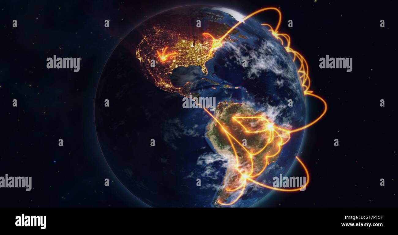 Composition of glowing orange network of connections over globe Stock ...