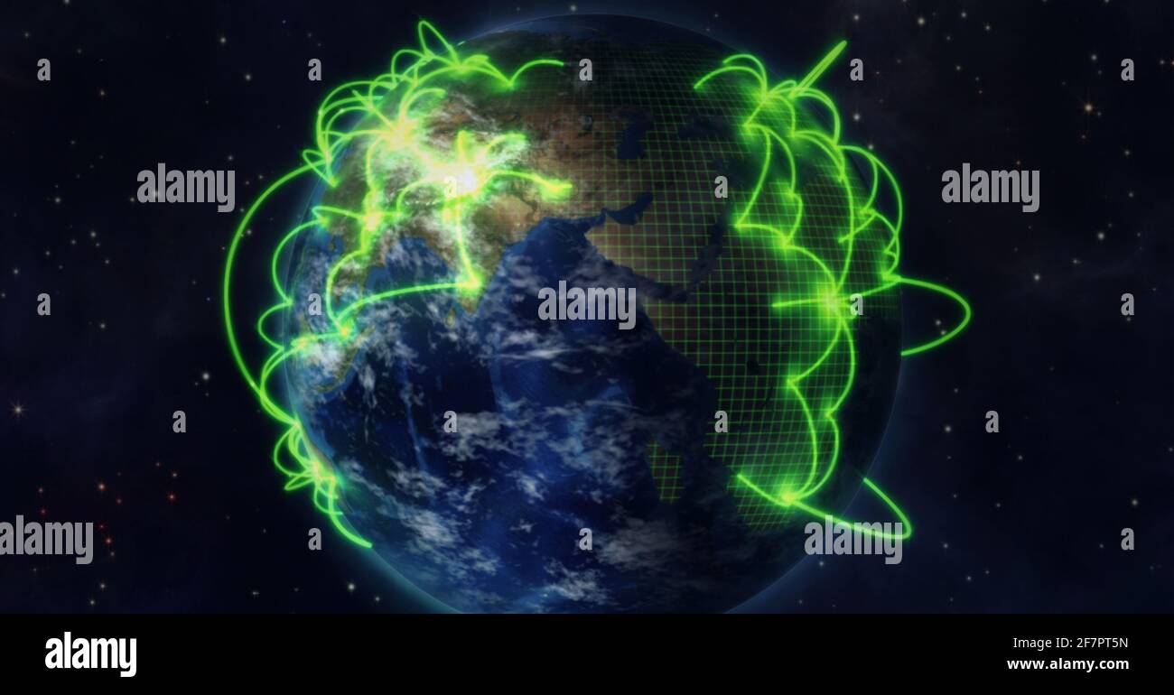 Composition of glowing green network of connections over globe Stock ...