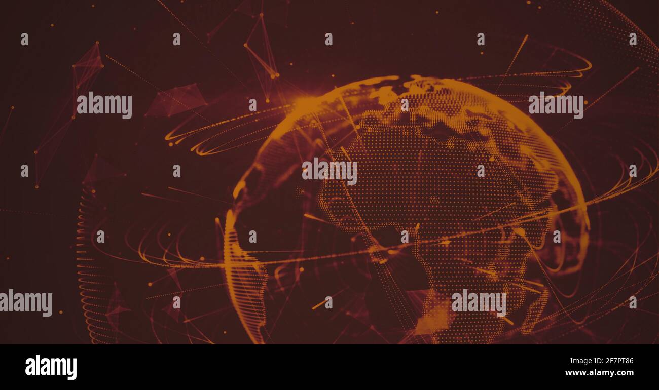 Composition of glowing orange network of connections over globe Stock ...