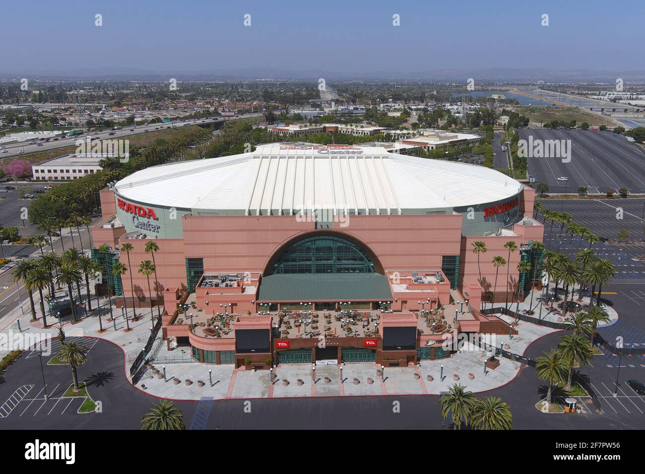 An aerial view of the Honda Center, Thursday, April 8, 2021, in Anaheim ...