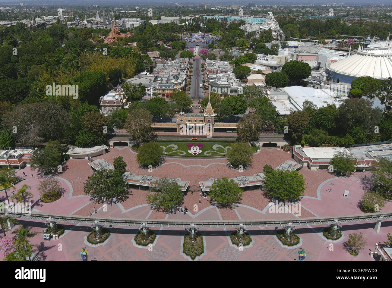 An aerial view of the Main Street U.S.A.Train Station at the entrance ...