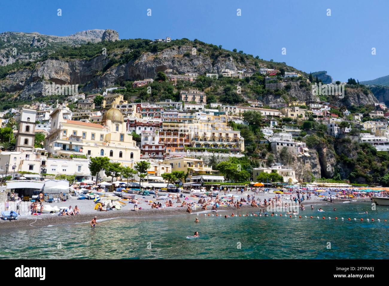 Positano Beach Known As Spiaggia Grande On Italy's Amalfi Coast In The ...