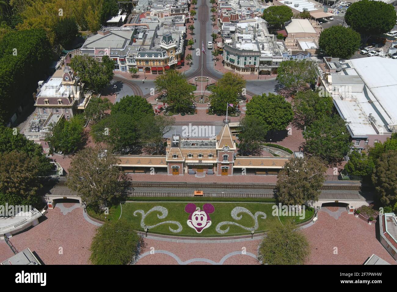 An aerial view of the Main Street U.S.A.Train Station at the entrance ...