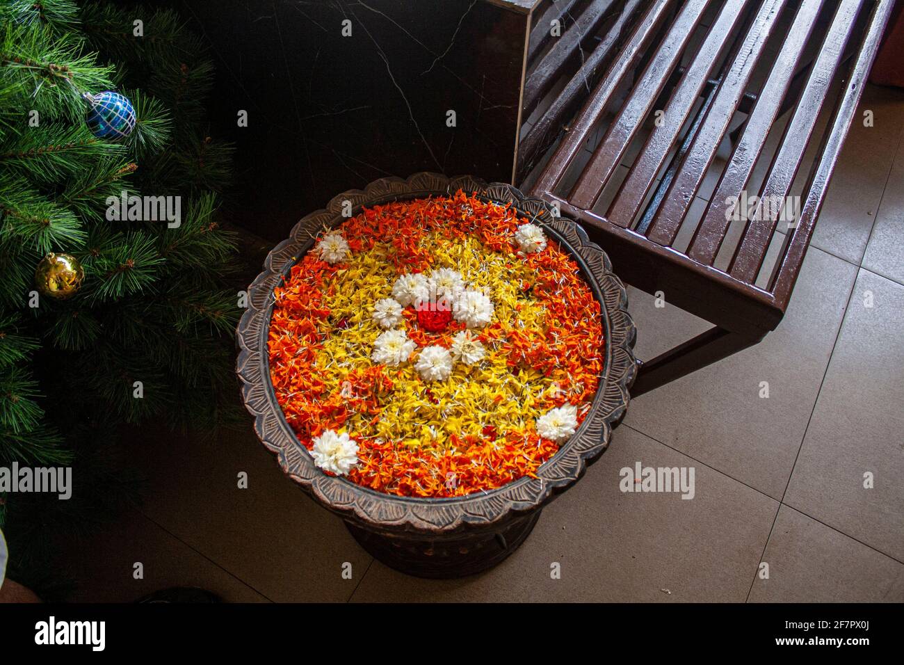 A circular traditional flower arrangement done by the Hindus in India ...