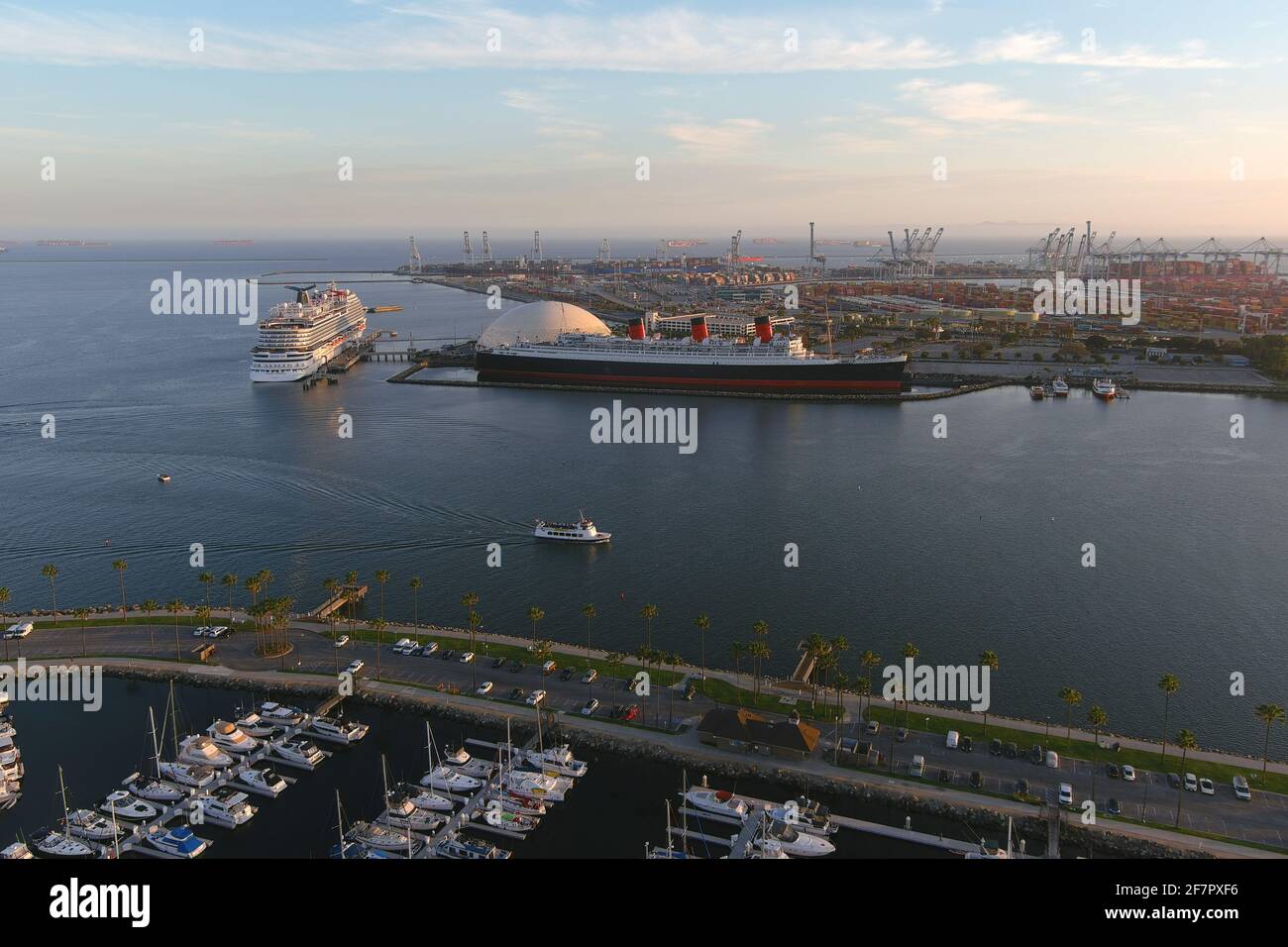 An aerial view of the Queen Mary with the Spruce Goose Dome and the ...