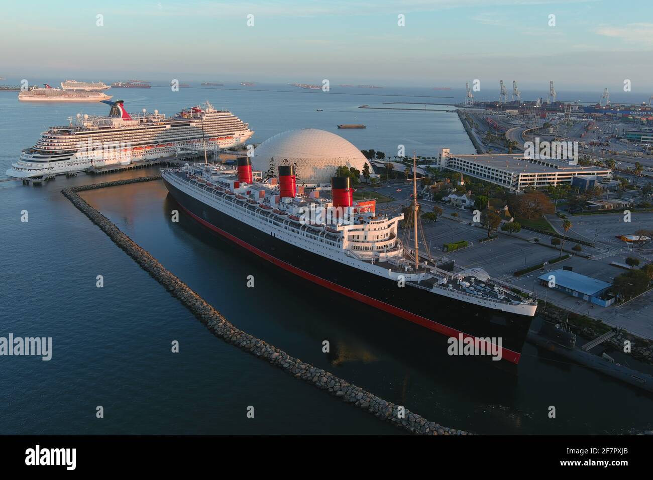An aerial view of the Queen Mary with the Spruce Goose Dome and the ...