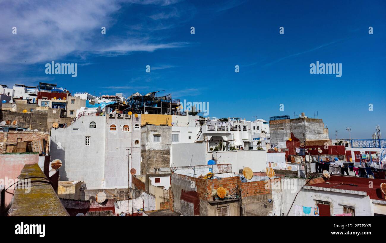 Looking over the rooftops in the Madina of Tangier, Morocco, terraces ...