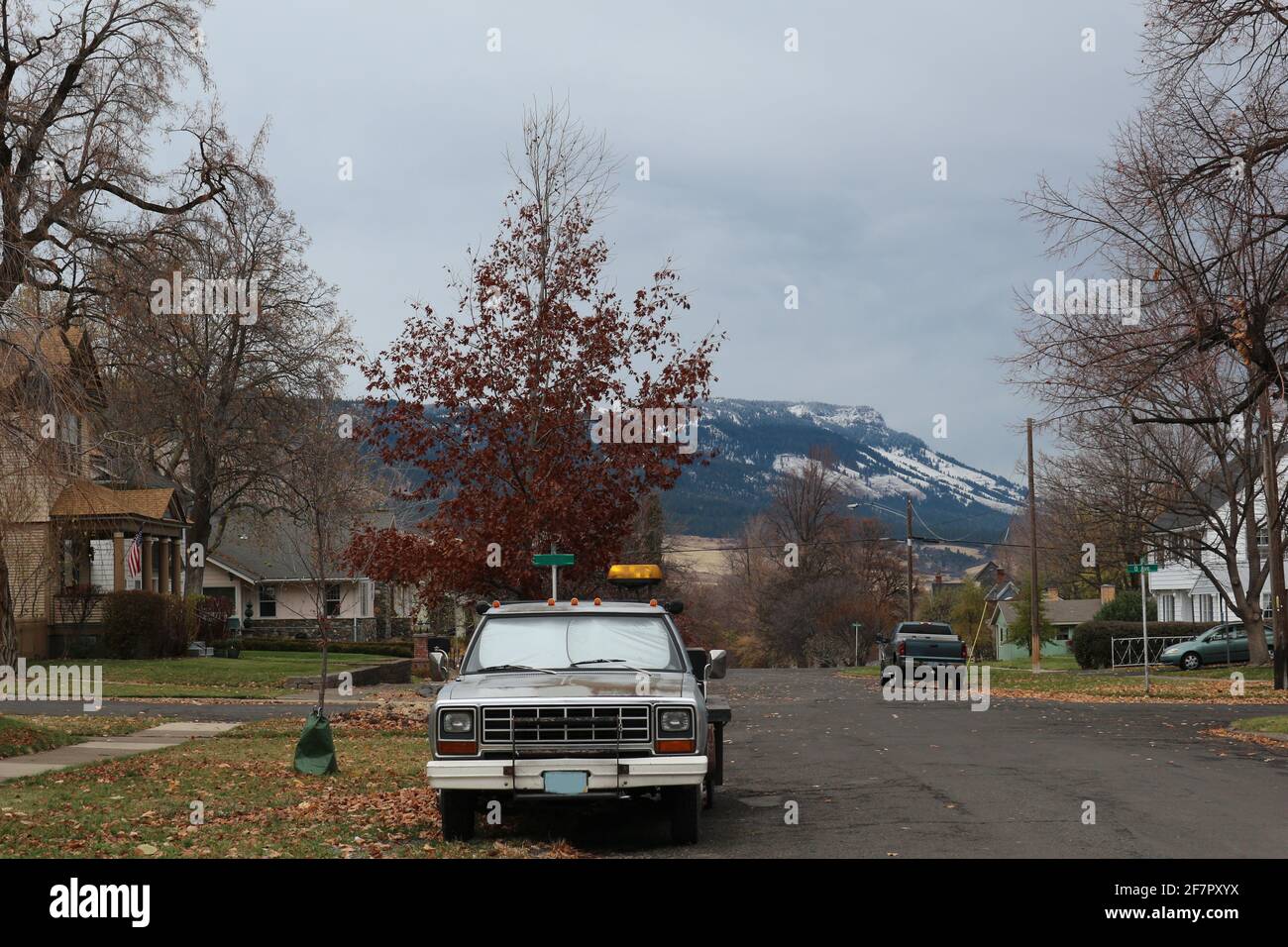 A chilly crisp fall day in a small town in US. Looking down a street ...