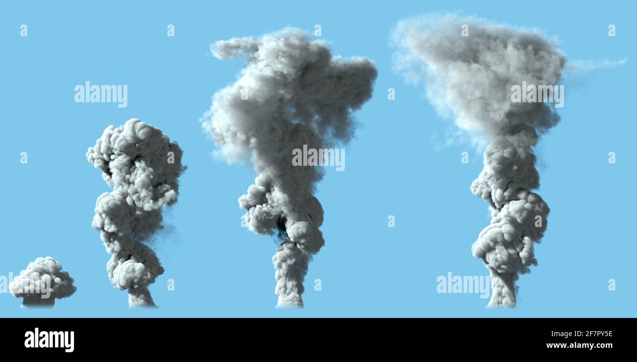 4 different renders of solid gray smoke column as from volcano or large ...