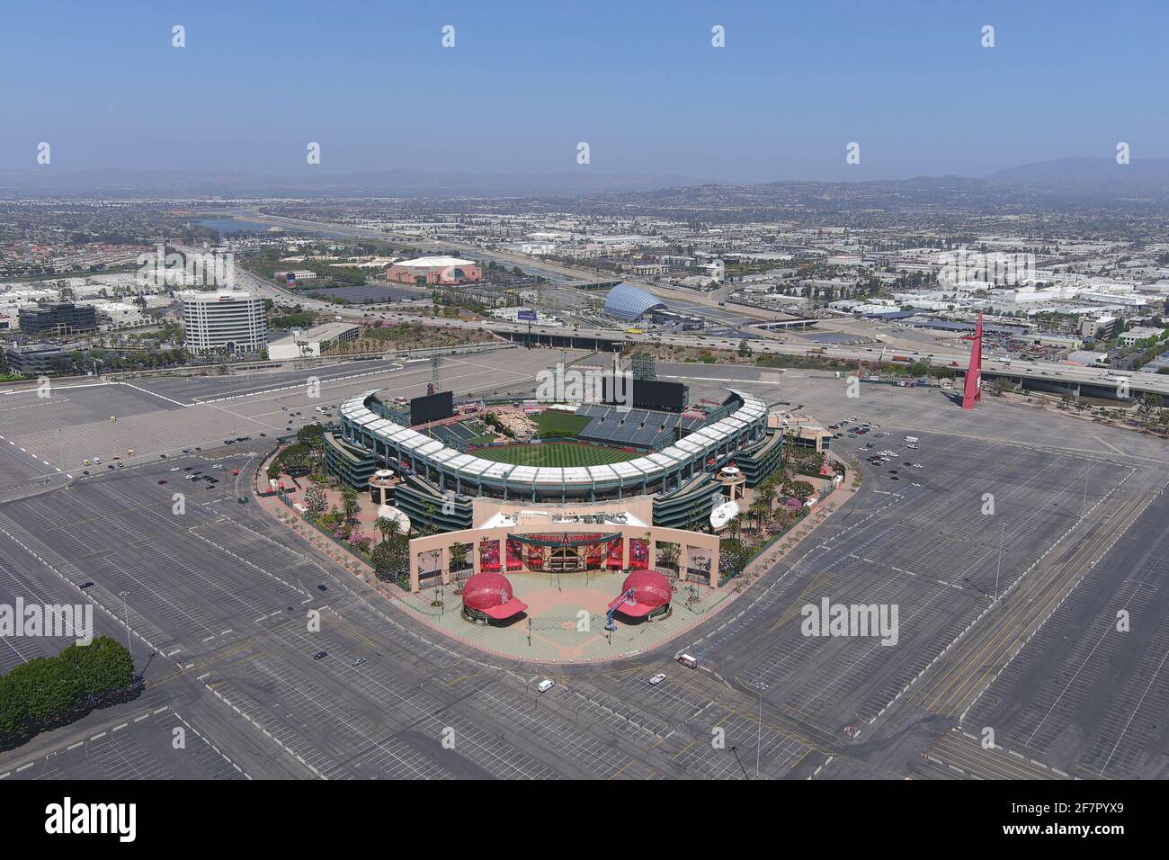 An aerial view of Angel Stadium of Anahiem, Wednesday, April 8, 2021 ...