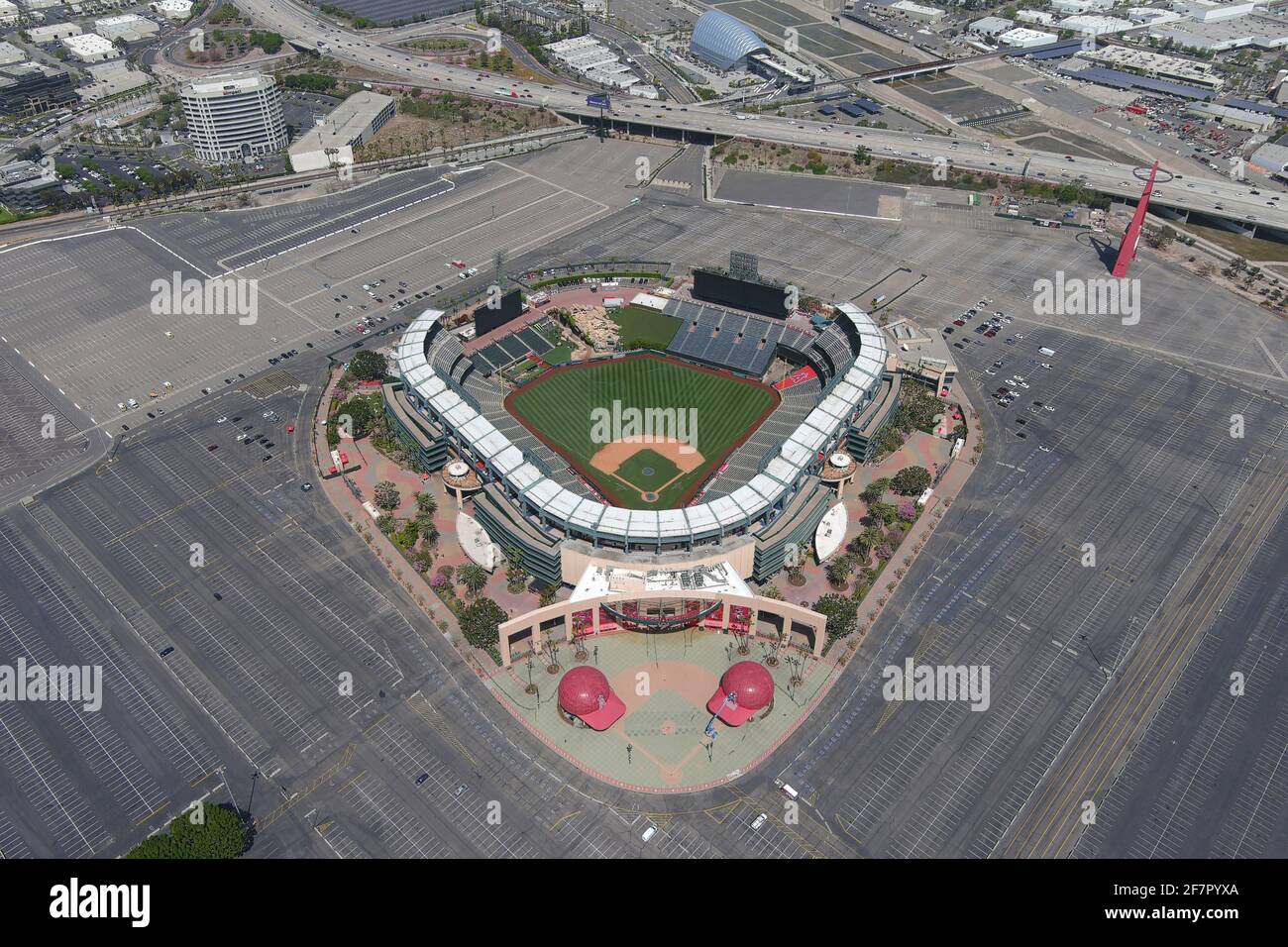 An aerial view of Angel Stadium of Anahiem, Wednesday, April 8, 2021 ...