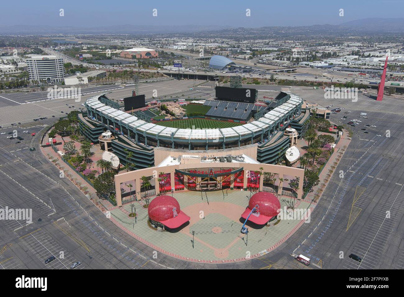 An aerial view of Angel Stadium of Anahiem, Wednesday, April 8, 2021 ...