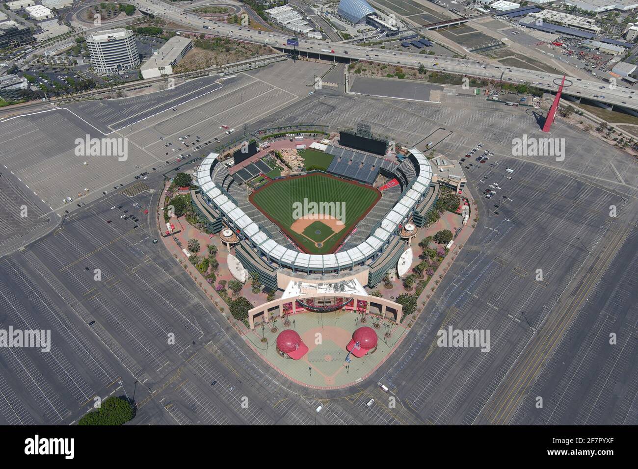 An aerial view of Angel Stadium of Anahiem, Wednesday, April 8, 2021 ...