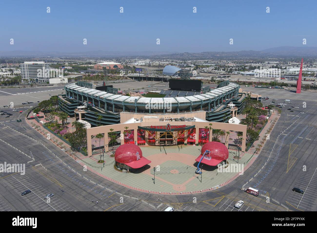 An aerial view of Angel Stadium of Anahiem, Wednesday, April 8, 2021 ...