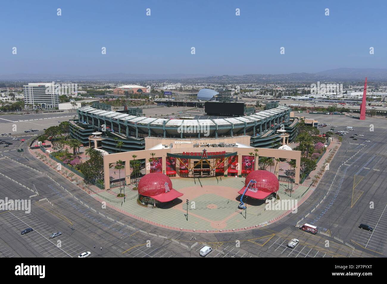 An aerial view of Angel Stadium of Anahiem, Wednesday, April 8, 2021 ...