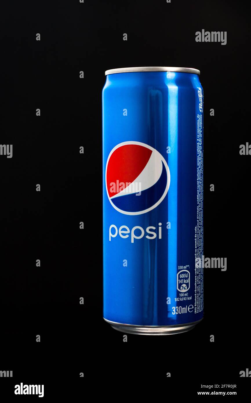 Editorial photo of classic Pepsi can on black background. Studio shot ...