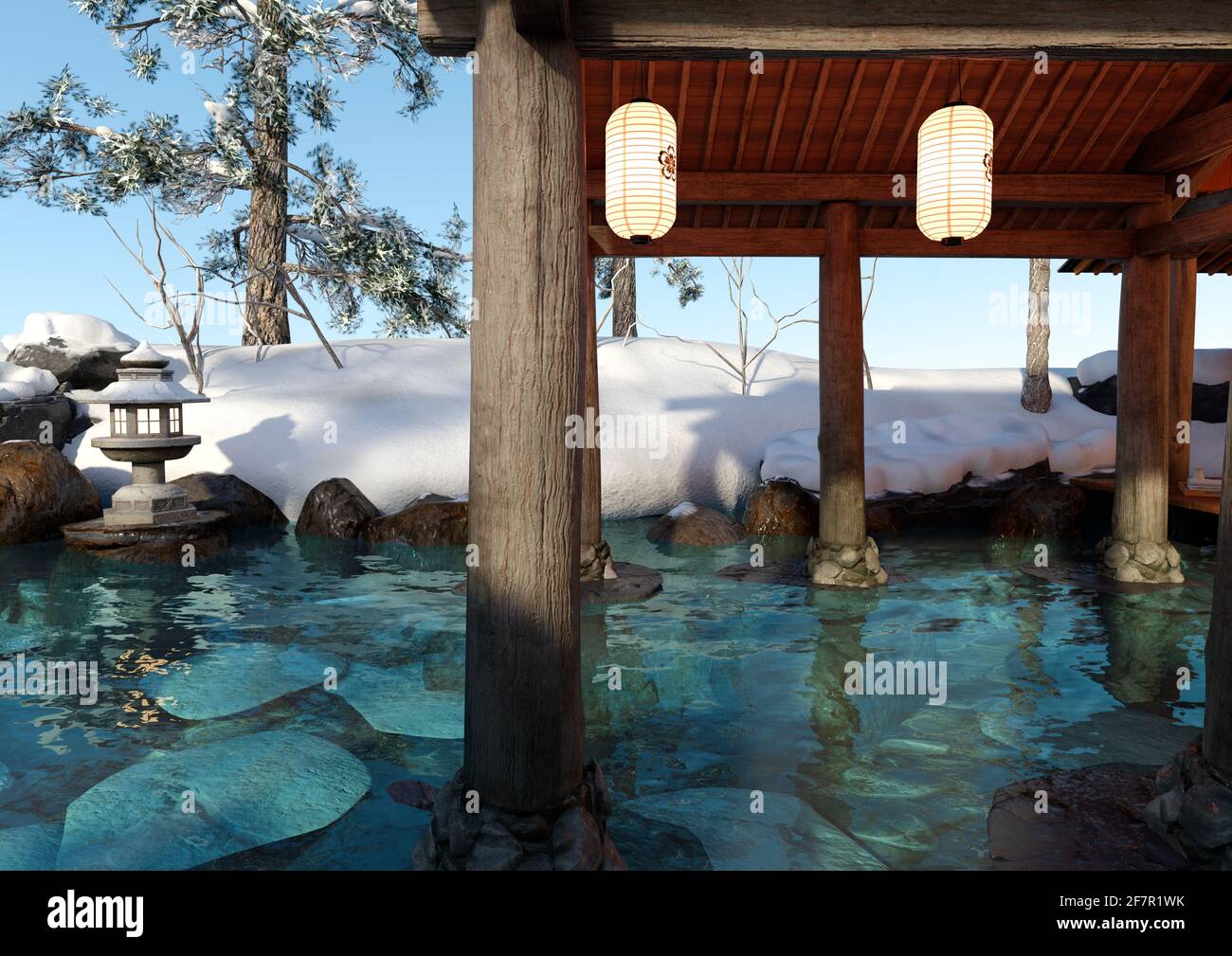 3D rendering of a Japanese winter spa outside Stock Photo - Alamy