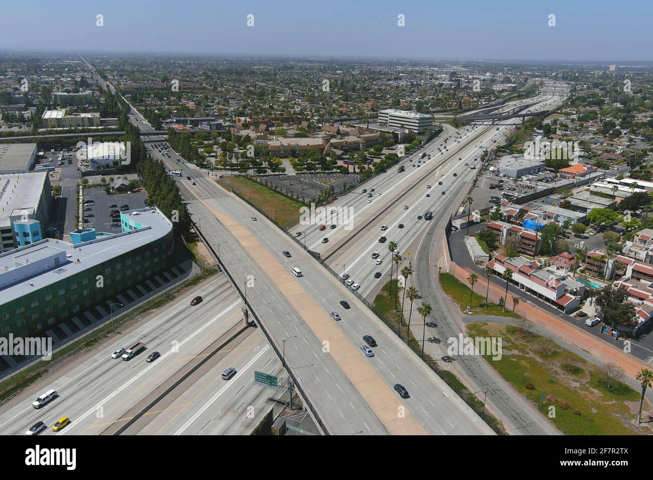 An aerial view of the W. Ball Road overpass over the Interstate 5 ...