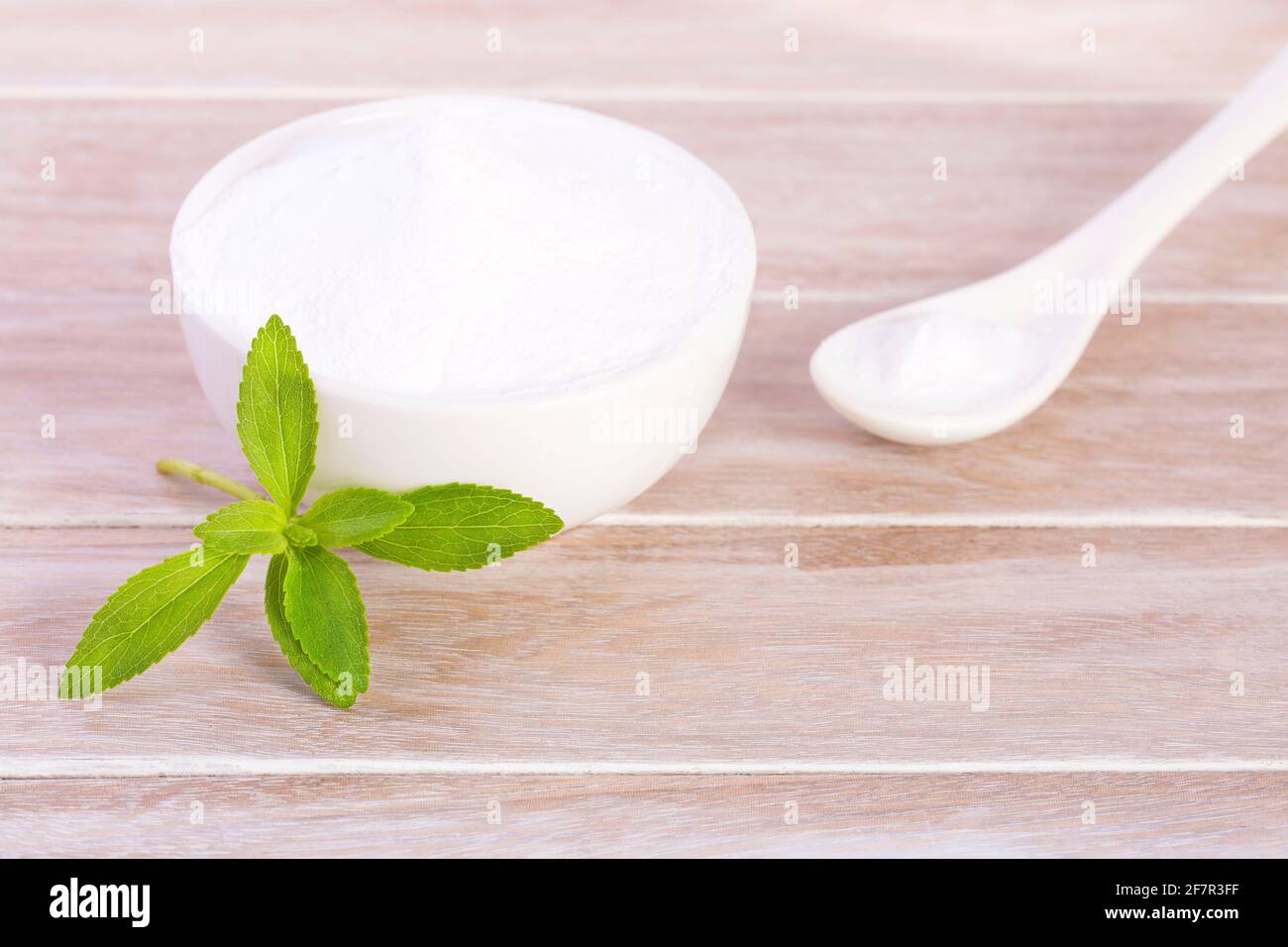 Fresh green Stevia herb and extract powder - Stevia rebaudiana. white ...