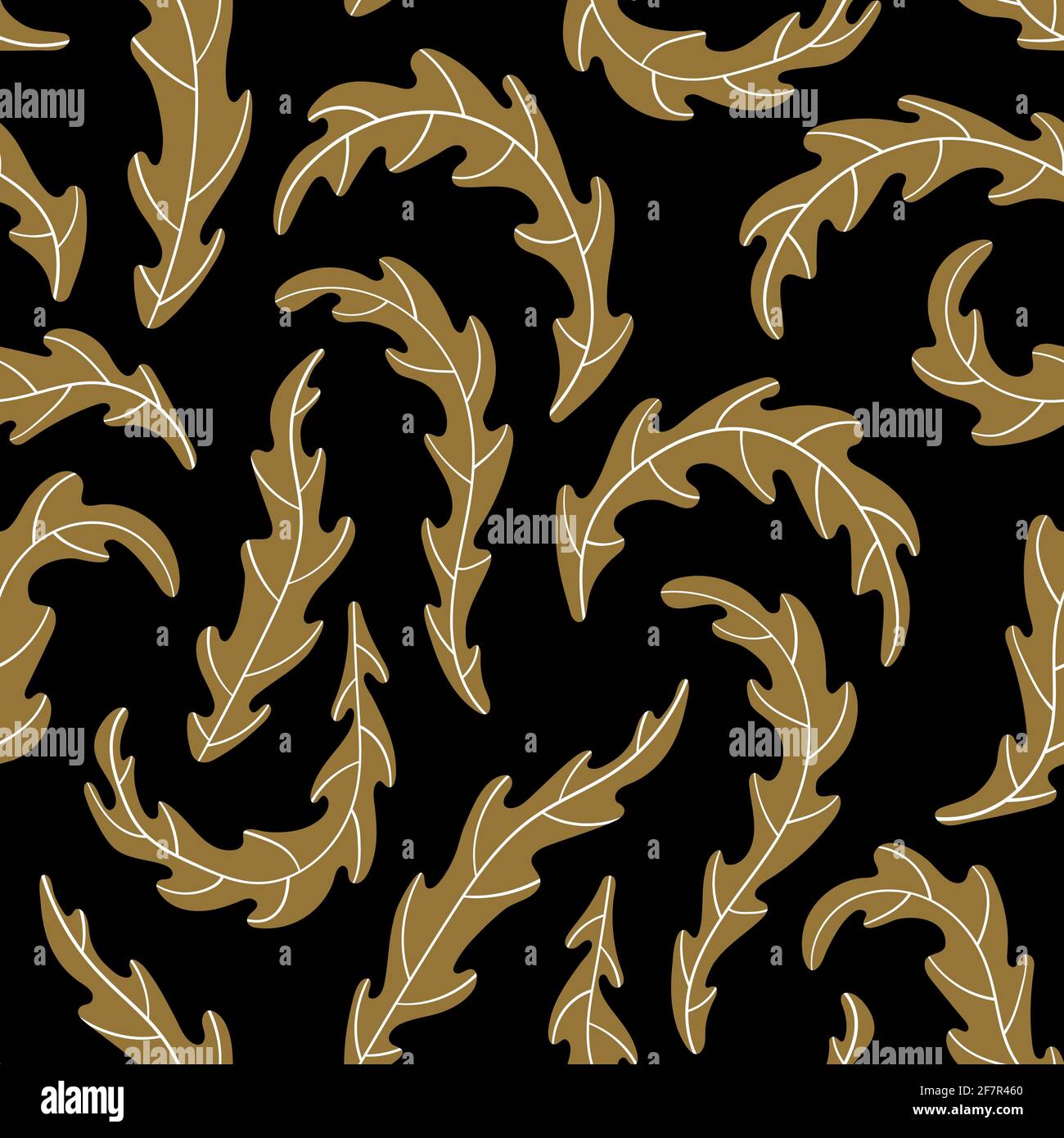 Seamless pattern with golden arugula leaves on black background. Vector ...