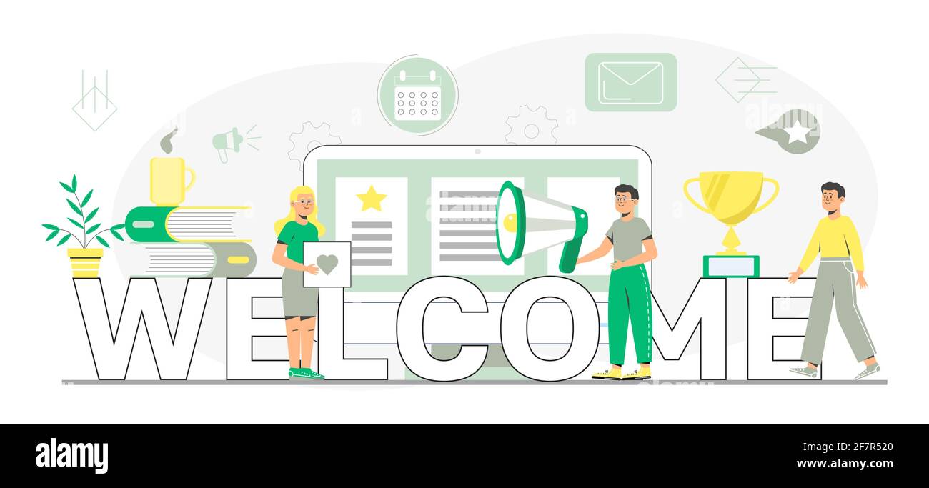 Welcome concept flat vector for website, header. Happy tiny people are ...