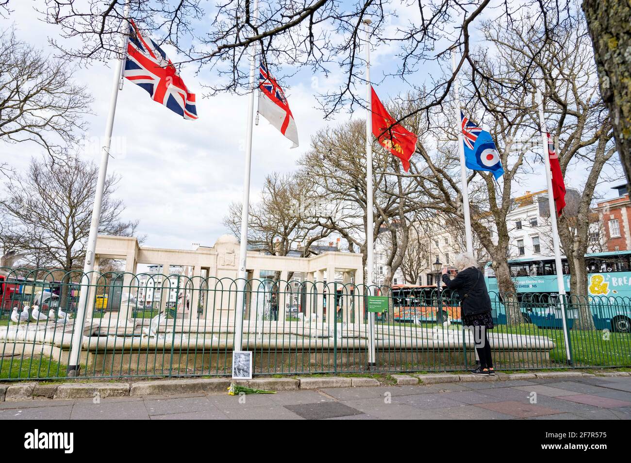 Brighton UK 9th April 2021 - Flags flying at half mast at Brighton War ...