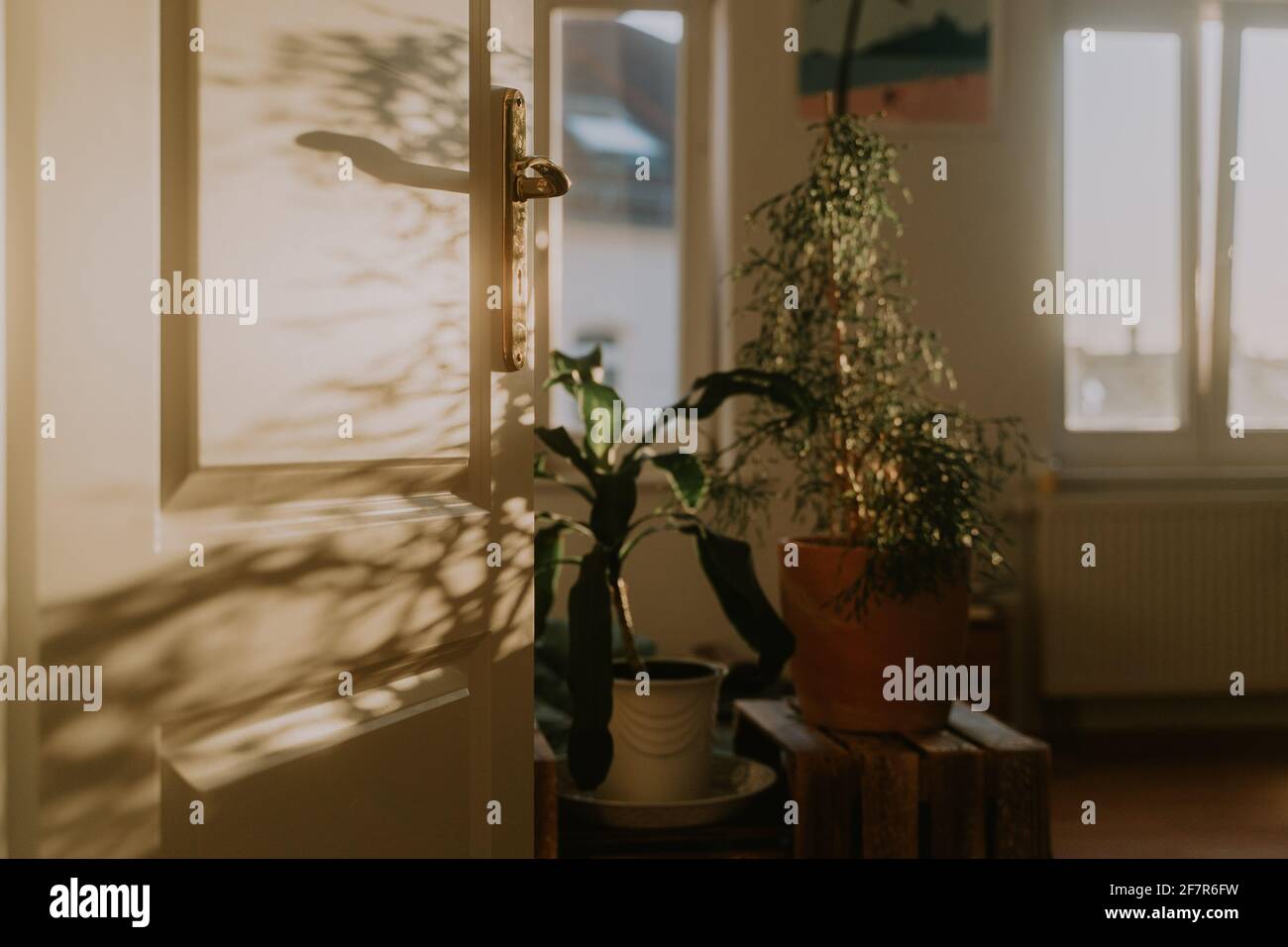 sunset illuminating door frame and room Stock Photo - Alamy