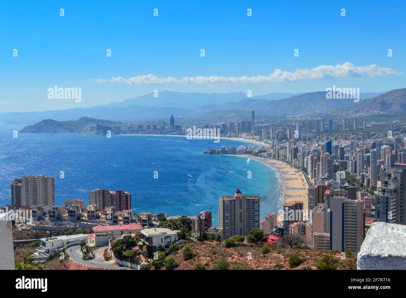 Top view of Benidorm and the beach during the day in sunny weather ...
