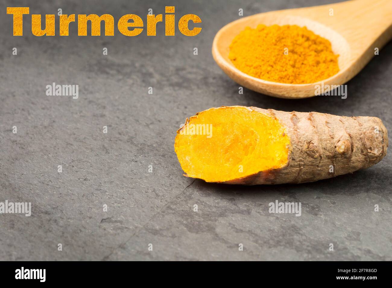 Turmeric powder and fresh turmeric - Curcuma longa. space text Stock ...