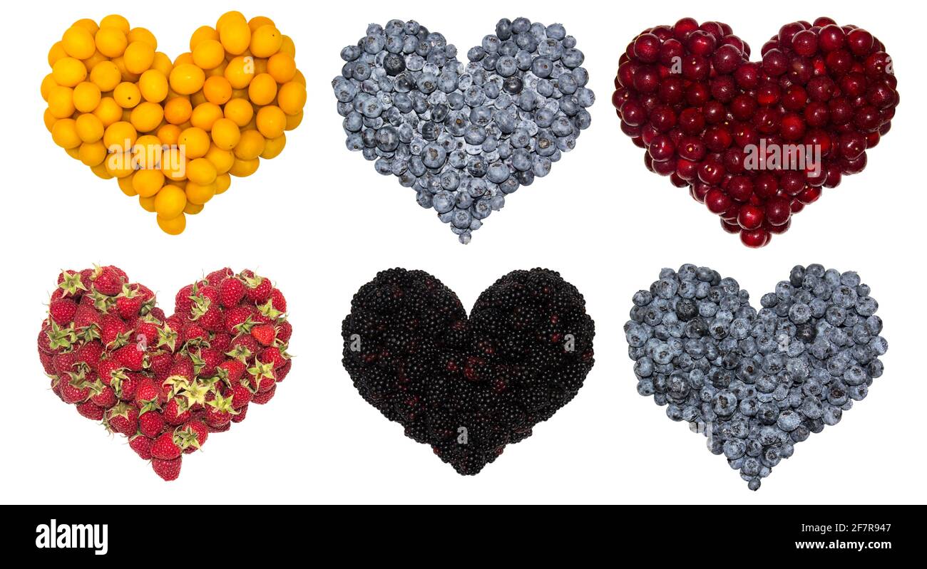 Set of Berry hearts isolated on white background. Organic food. Concept ...