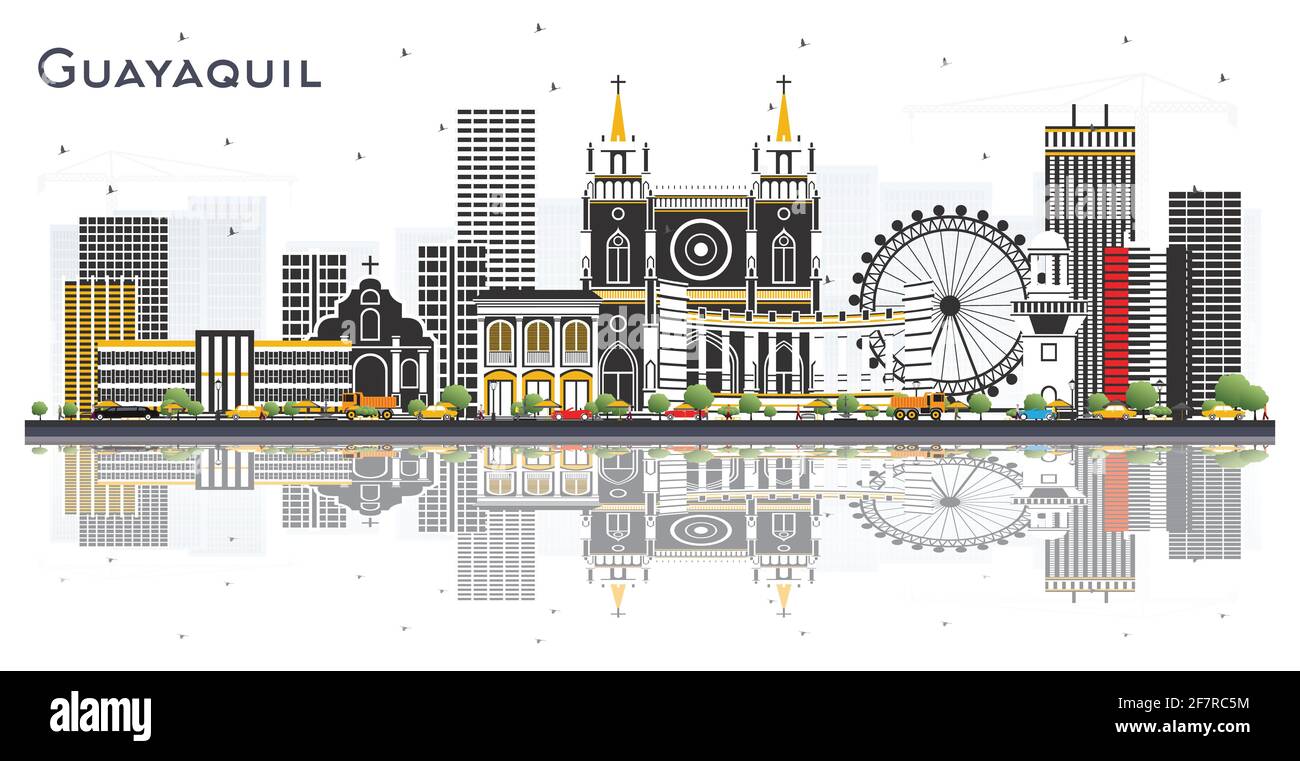 Guayaquil Ecuador City Skyline with Color Buildings and Reflections ...