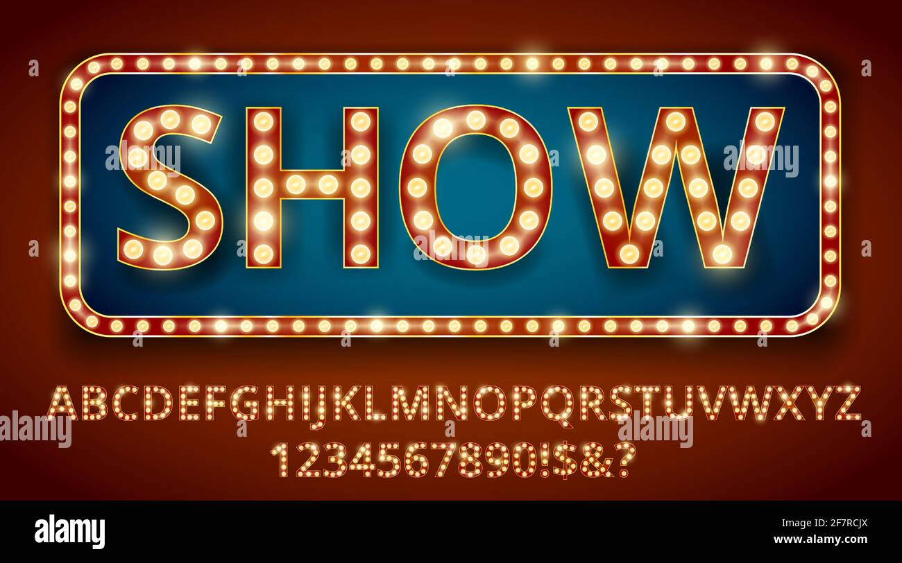 Broadway light sign text style, type set of letter with yellow gold colored lamp Stock Vector ...